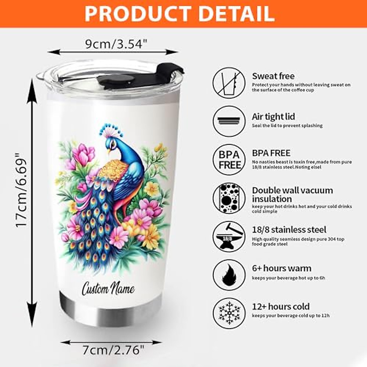 Peacock Gifts, Personalized Tumbler with Peacock Animal’s Name – Custom Cup for Animal Lovers, Gift for Women, Men, Boys, Girls, Gift for Birthdays & Christmas, 20oz Steel Coffee Cup Z94dMV