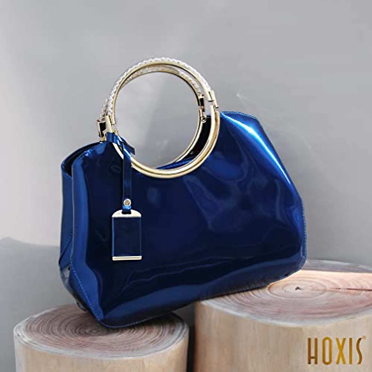 HOXIS Charm Glossy Metal Grip Structured Shoulder Handbag Top Handle Patent Leather Handbags for Women (Navy)