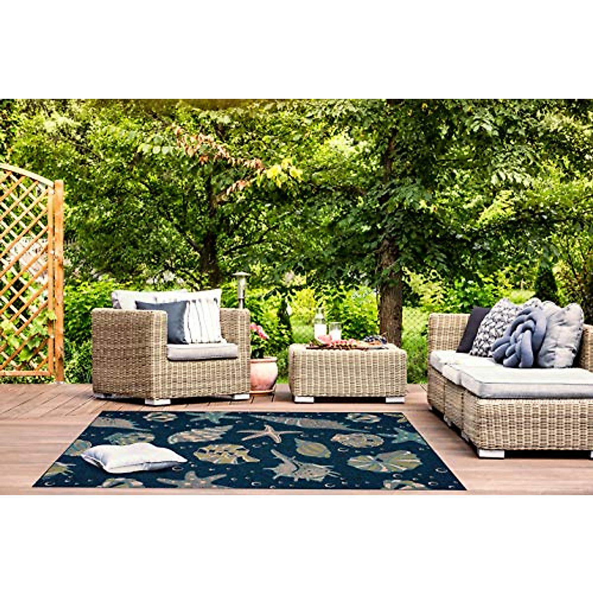 GAD Great American Distributors Sanibel Premium Indoor Outdoor Area Rug Accented Island Seaside Seashell Aquatic Marine Life Design Navy Blue/Gray (5'3"x7'7")