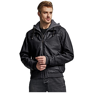 wantdo Men's Spring Faux Leather Jacket with Hood Outdoor Jacket Black Large (Lightweight)