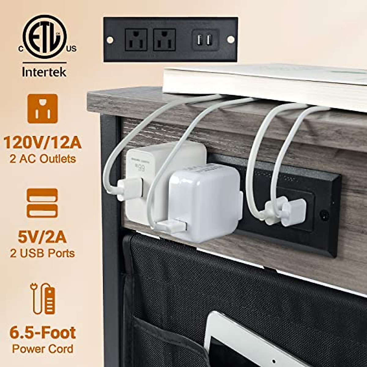 AMHANCIBLE C Table,Set of 2, C Shaped Side Table for Living Room,Couch Tables That Slide Under with Charging Station,C Table End Table for Couch Grey HET04CGY