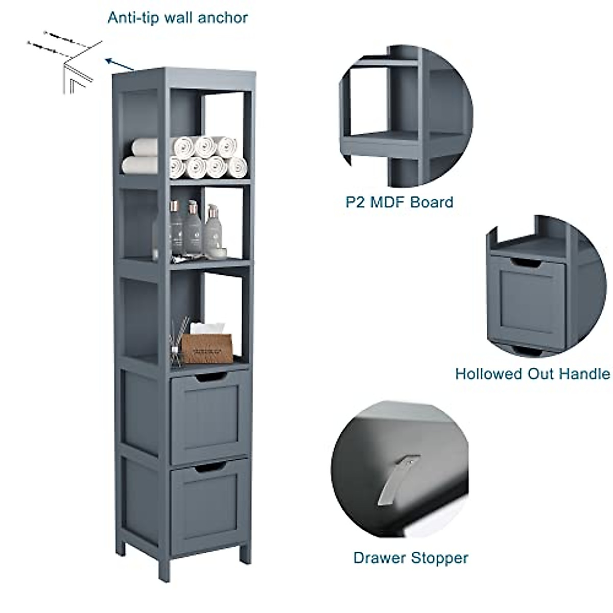 HOMEFORT Bathroom Storage Cabinet, Slim Tall Cabinet, Narrow Floor Cabinet Organizer, Wooden Linen Tower with 2 Drawers and 3 Shelves, Freestanding Storage Cupboard (Grey)