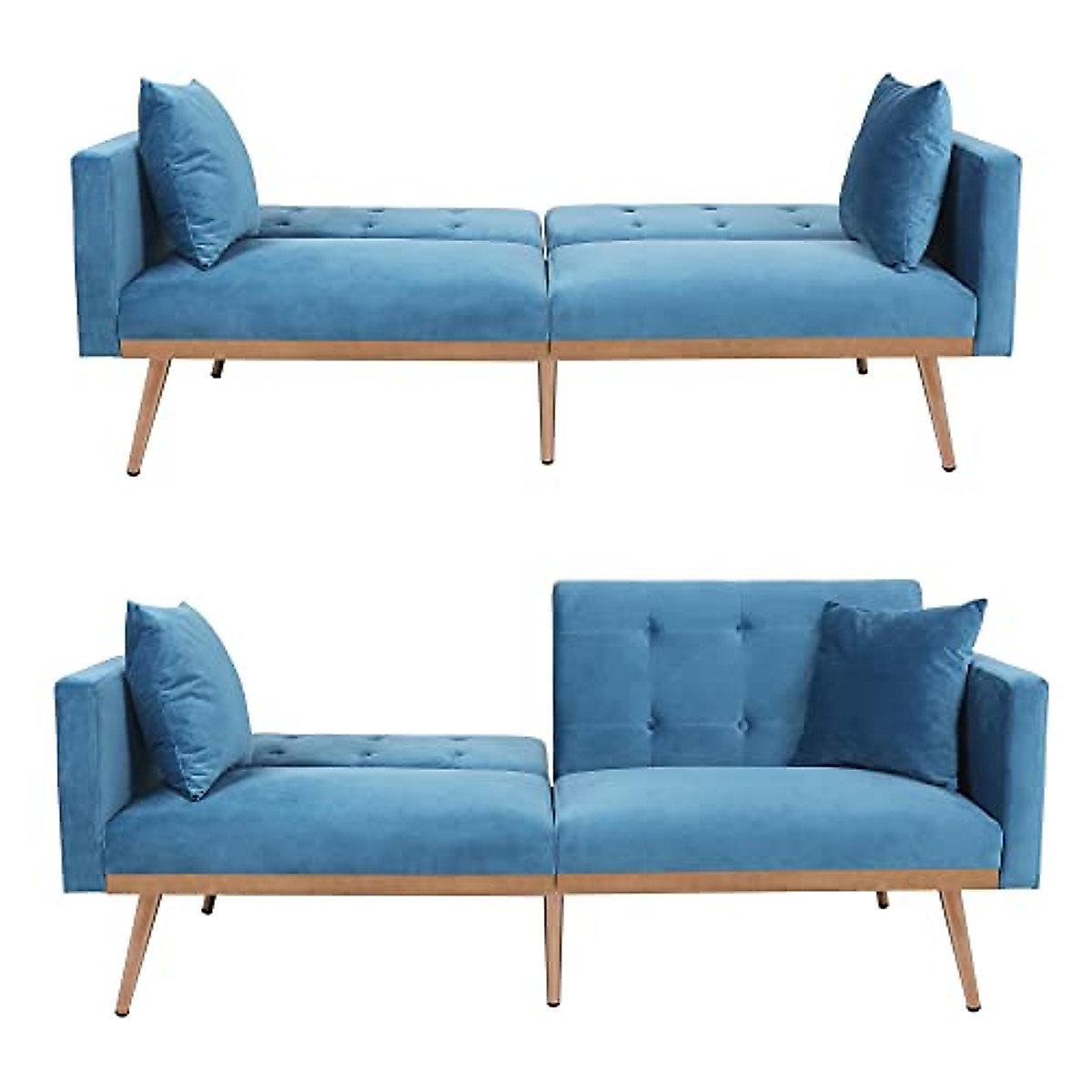 RARZOE Velvet Sofa Bed Loveseat Sofa Accent Sofa, Mid Century Modern Convertible Sleeper Couch, Futon Sofa Bed with 2 Pillows for Living Room Bedroom Apartment,Water Blue