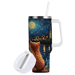 RPLIFE Cute Orange Cat Starry Night 40 Oz Tumbler with Handle, 30 Oz Tumbler, Coffee Tumbler for Women