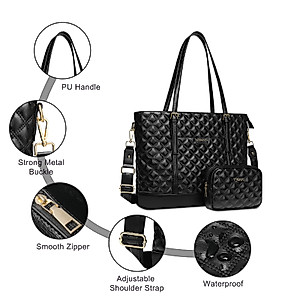 MOSISO Laptop Tote Bag for Women, 15.6 inch Briefcase Computer Bag Compatible with MacBook, HP, Dell, Asus Notebook, 16 inch Large Capacity Rhombus Quilted Leather Laptop Bag with Small Purse, Black