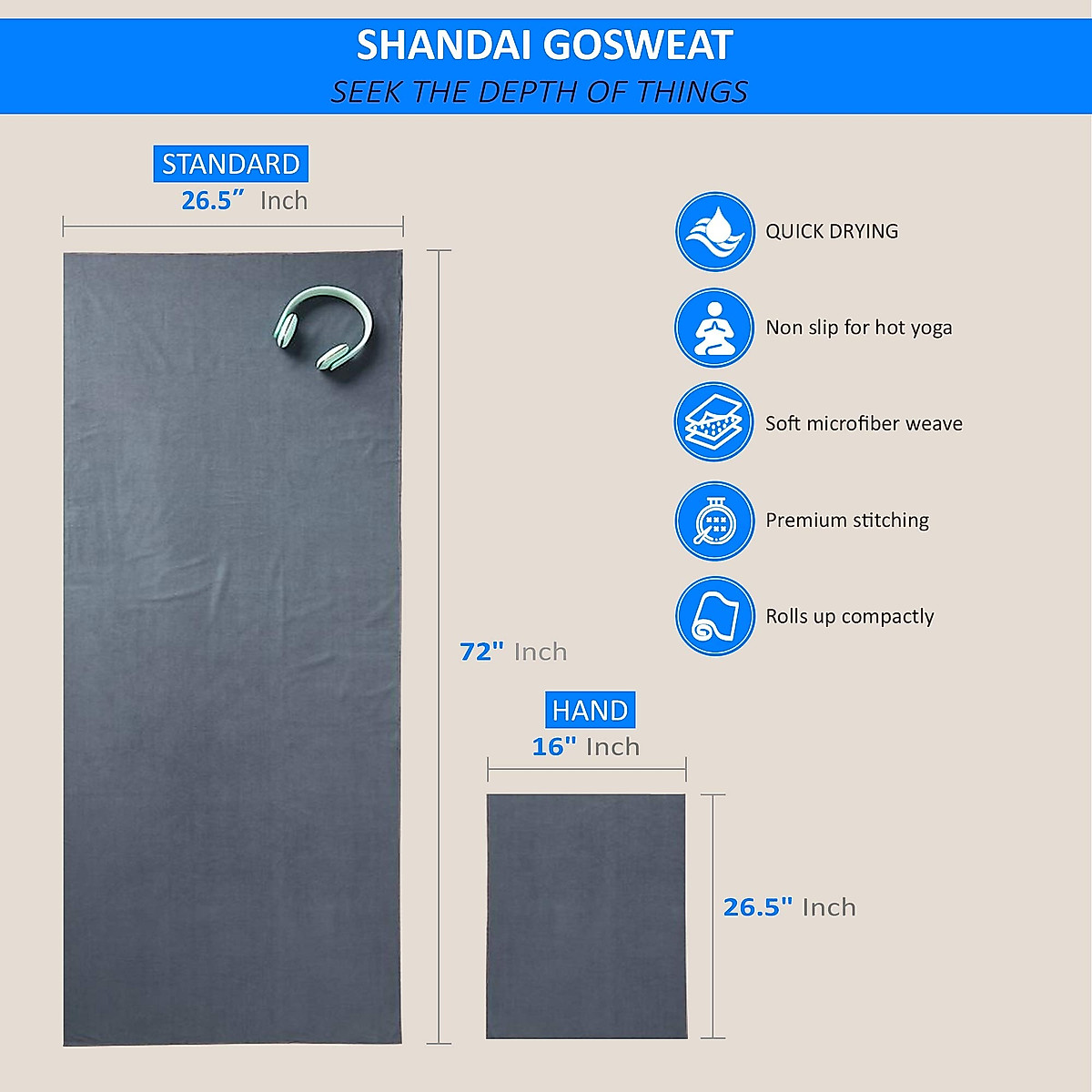 Shandali Hot Yoga Towel - SUEDE - 100% Microfiber, Super Absorbent, Bikram Yoga Mat Towel - Exercise, Fitness, Pilates, and Yoga Gear - Gray 26.5" x 72"