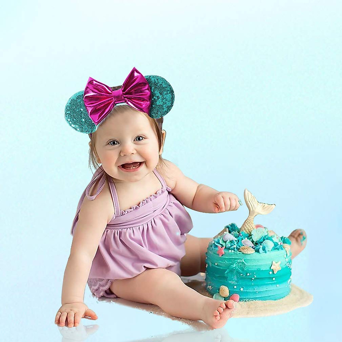 YanJie Mouse Ears Headbands, Glitter Party Mermaid Hot Pink Metallic Bow Favor Decoration Cosplay Costume for Girls Party (Green/Hot Pink)