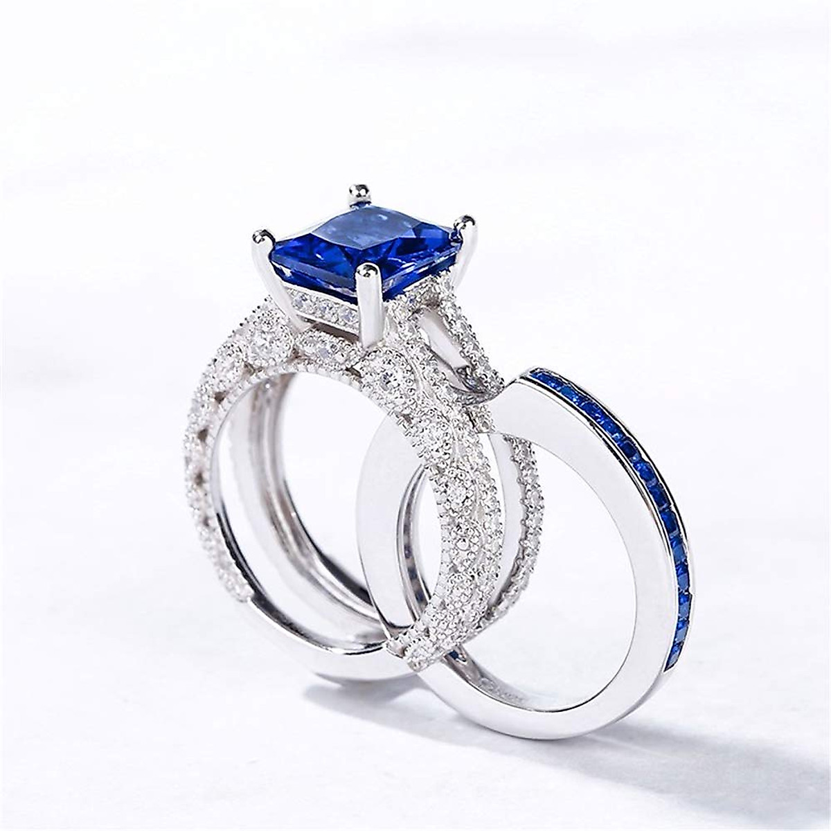 Jeulia 5.2 Carat 3PC Wedding Ring Set Radiant Cut CZ Diamond Engagement Rings Promise Anniversary Rings with Side Stones Romantic Jewelry Gift for her (Sapphire Blue, 9)