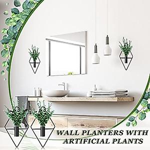 Jexine 2 Pcs Hanging Planters with Artificial Plants Metal Hanging Vase Indoor Plants Holder Modern Geometric Wall Decor for Living Room Home Office (Black, Eucalyptus)