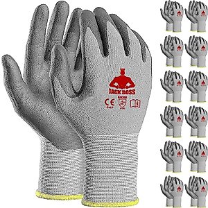 Jack Boss 12 Pairs Safety Work Gloves, All-Purpose Gardening Glove with Nitrile Coated and Seamless Knit, Suitable for both Man & Woman Working Fishing, Large
