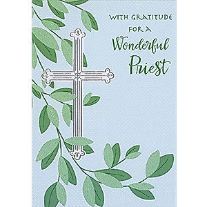 Designer Greetings Silver and White Cross : Green Branches and Leaves Clergy Appreciation Day Card for Priest
