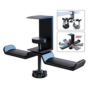6amLifestyle Dual Rotatable Headphone Stand Hanger Under Desk Clamp Headset Holder Aluminum Load up to 11lb Headset Stand Hanger Compatible with Universal Headphones, Black 6A-13BK