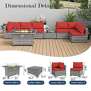 Amopatio Patio Furniture with Fire Pit, Outdoor Patio Furniture Wicker Furniture, 8 Pieces Outdoor Sectional Sofa with Patio Furniture Cover, 44" Gas Fire Pit Table (Light Red)