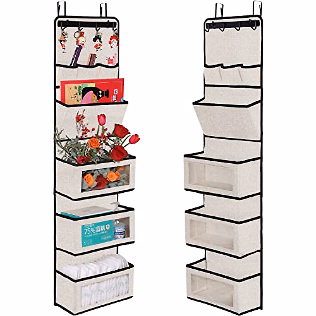 VICTORICH Super Convenient Sturdy Door Over Hanging Organizer, Behind The Door Storage Organizer with Hook and Large Clear Windows, Hanging Wall File Organizer (1 Pack A-Silk-Beige)