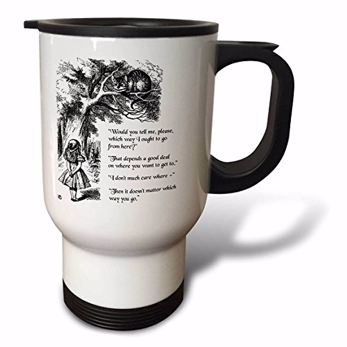 3dRose Which Way Ought I Go from Here Cheshire Cat Alice in Wonderland Quote Stainless Steel Travel Mug, 14 oz, White