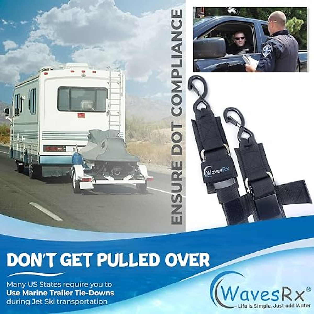 WavesRx Jet Ski & PWC Trailer Transom Straps (2PK) | 24" Marine Tie Downs Adjustable Safety Straps | Outperforms Ratcheting and Retractable Straps | JetSki Accessories for Safe & Secure Transportation