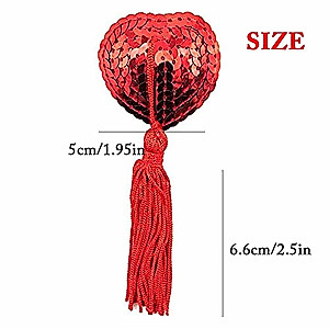 Sexy Breast Pasties Self Adhesive Silicone Nipple Cover Stickers Reusable Bra Sequins Heart with Tassel for Couple Game Party (Red)