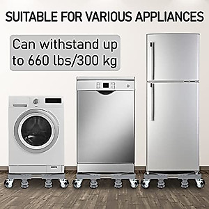 Adjustable Mini Fridge Stand Washing Machine Base, Mobile Roller Stand with 4 Locking Rubber Rotating Wheels and 4 Strong Feet, Max Load 660 lbs, for Washing Machines Refrigerators and Dryer
