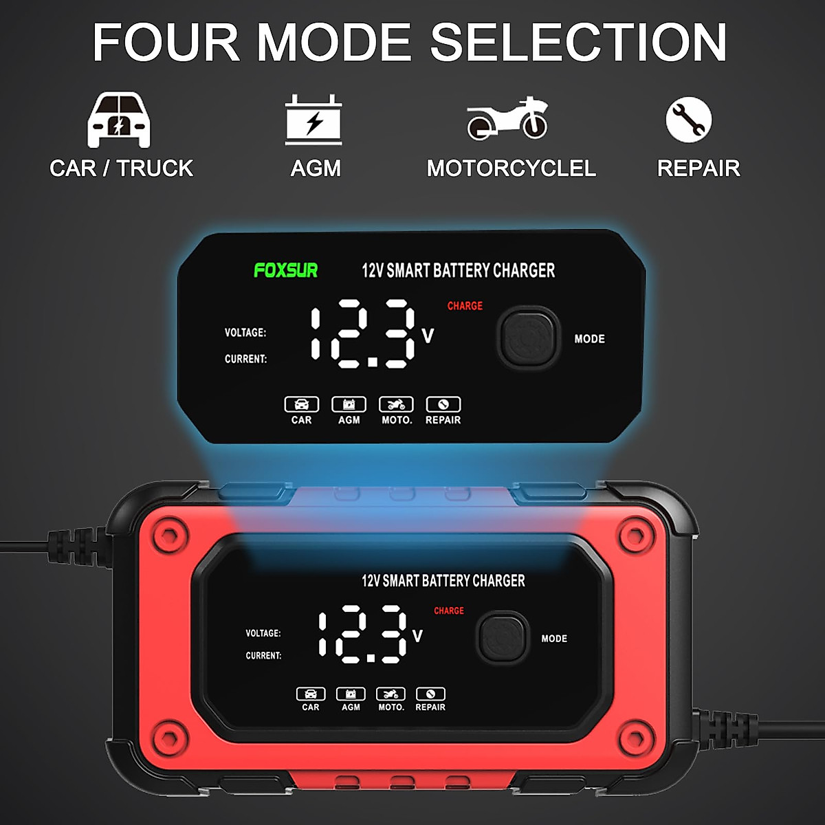 Car Battery Charger Automotive 12V 6A Portable Smart Automatic Trickle Charger Battery Maintainer Desulfator with LCD Display for Car Battery, Motorcycle, Lawn Mower, Lead Acid & ATV Batteries