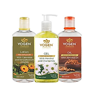 Skin Care Essentials - Before and After Hair Removal - 1 Pre Depilatory Cleanser Lotion – 1 Almond Oil Moisturizing Wax Remover - 1 Post Waxing Cooling Gel Menthol & Chamomile Body Softens & Soothing