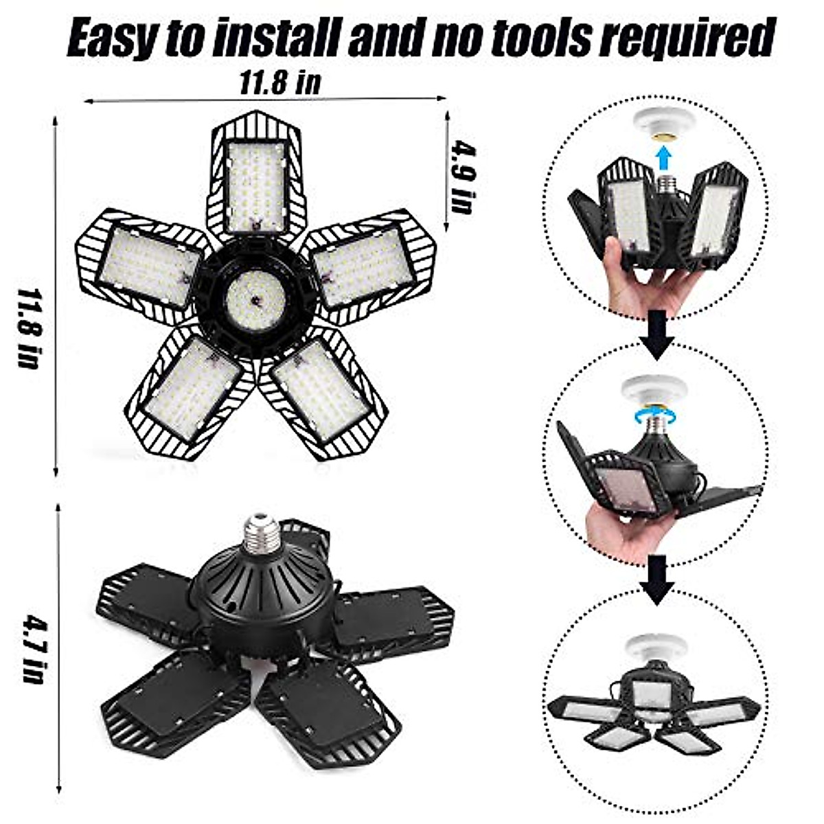 BLUERIN LED Garage Lights, 160W Garage LED Lights 16500LM Super Bright Deformable Garage Lights Ceiling LED Basement Lighting Fixture Adjustable Roller Ideal for Workshop Warehouse Attic (2-Pack)