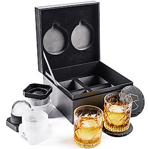 LEEBS Whiskey Set - Whiskey Gifts for Men - Whiskey Glasses Set of 2, 2 Large Sphere Ice Molds, 2 Slate Coasters, Gift Box - Bourbon Gifts for Men, Dad, Husband, Birthday, Anniversary, Christmas
