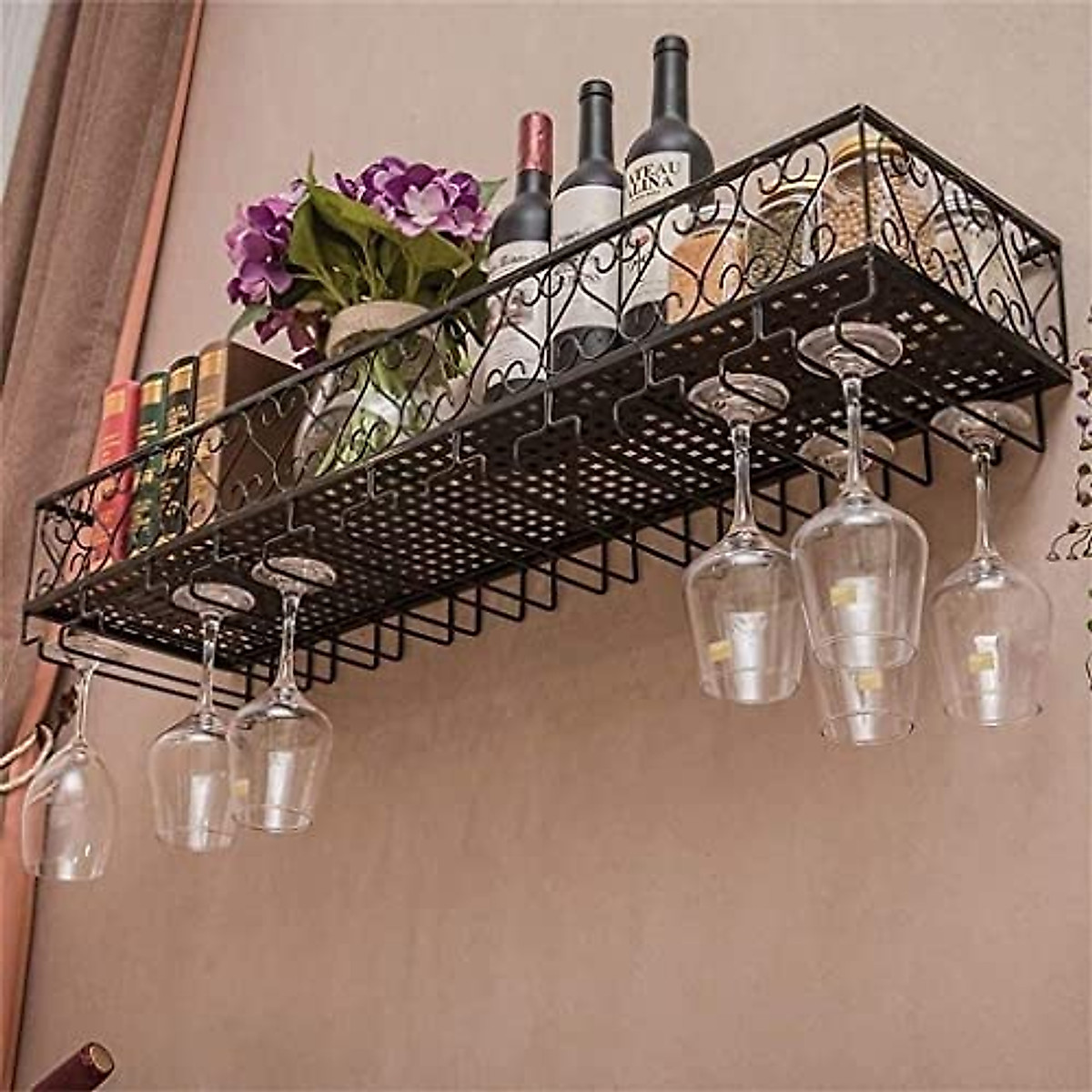 Wall Hanging Wine Rack with Glass Holder and Wine Bottle Shelf, Metal Wall Mount Bar Wine Glass Rack Stemware Goblet Storage Holder (Size : 80×25cm(32×10inch))