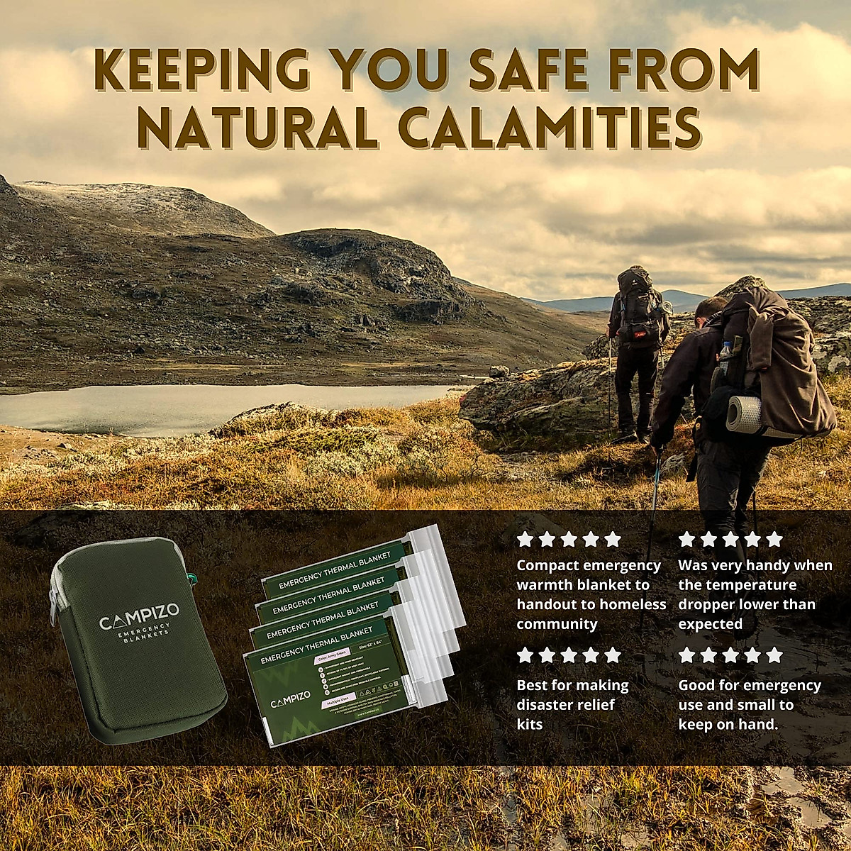 CAMPIZO 4 Pack Emergency Blankets - Thermal Blanket, Space Blanket, Mylar Blanket, Survival Blanket, Foil Blanket, Designed by NASA, Extra Large and Wide for Camping, Hiking, Marathon, (Army Green)