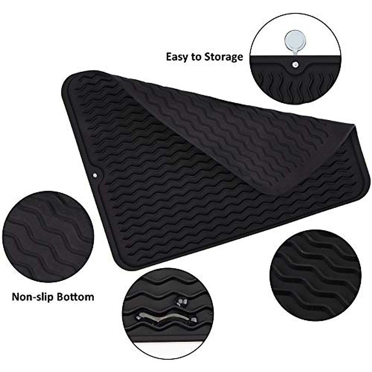 Nicunom 2 Pack Silicone Dish Drying Mat 16" x12", Waterproof Countertop Pad, Heat Resistant, Eco-friendly, Non-slipping, Easy Clean Dishwasher Safe, Black