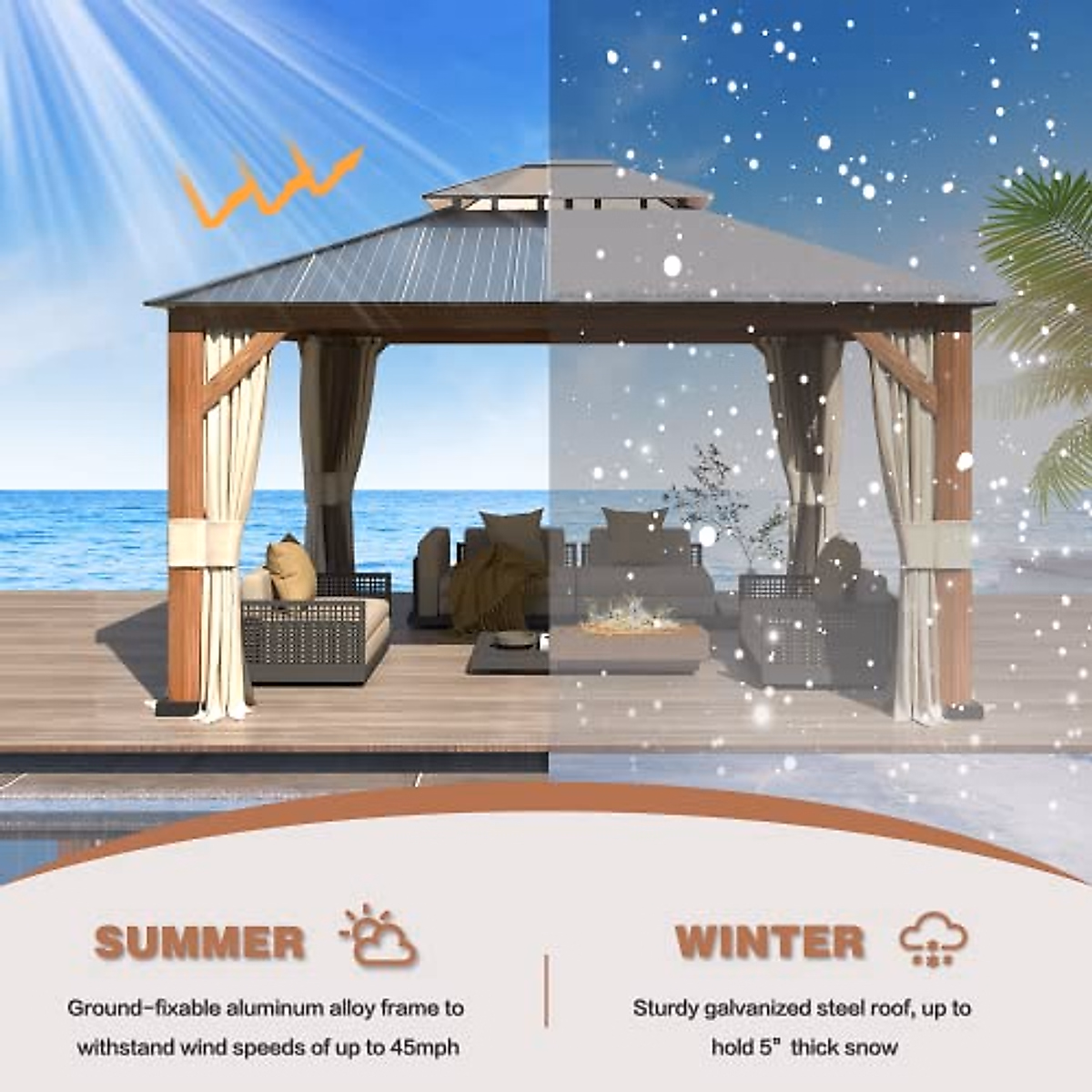 YOLENY 12' x 14' Ultra-Thick Columns and Beams Hardtop Gazebo, Metal Gazebo with Faux Wood Grain Aluminum Frame, Dual Material Double Roof, Outdoor Patio Gazebo Pergolas with Netting and Curtains