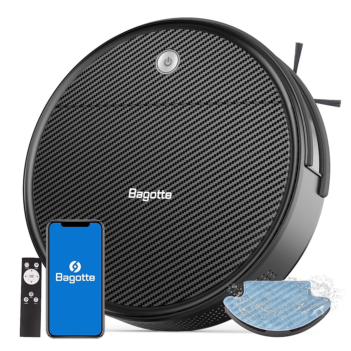 Bagotte Robot Vacuum and Mop Combo, 2000Pa Suction 2600 mAh 2 in 1 Mopping Robotic Vacuum Cleaner with Schedule, WiFi/App/Alexa, Self-Charging, No Water Tank, Ideal for Hard Floor, Pet Hair and Carpet