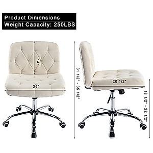 iMenting Wide Seat Armless Rolling Desk Chair Modern Tufted Adjustable Swivel Fabric Home Office Adjustable Swivel Chair with Wheels No Arms (Beige)