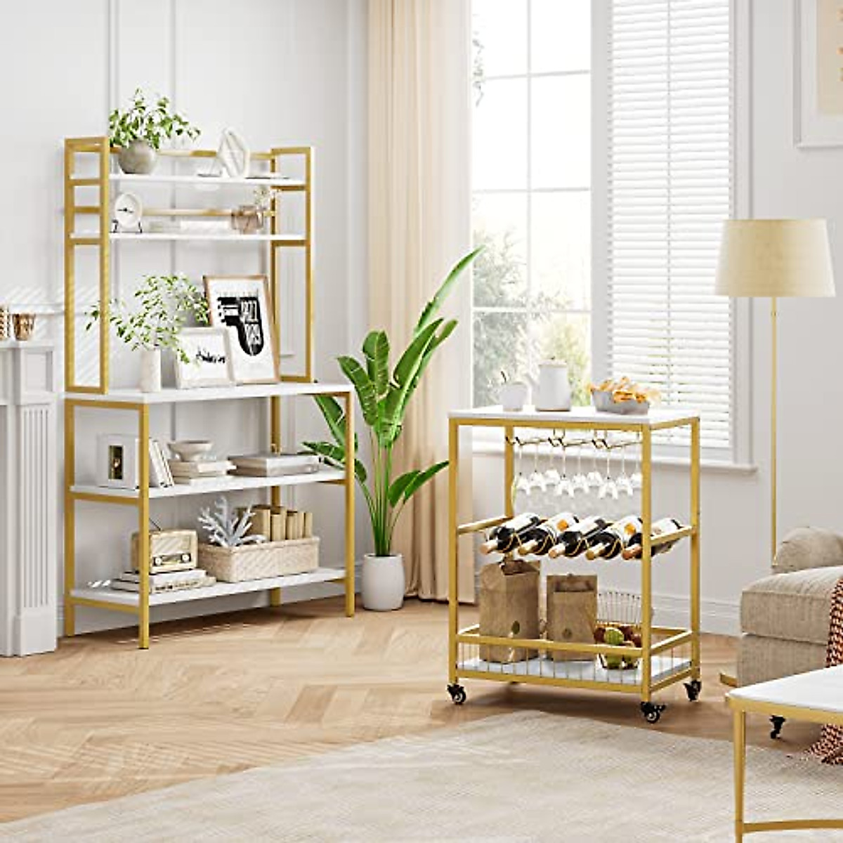 HITHOS Industrial Bar Carts for The Home, Mobile Serving Cart with Wine Rack and Glass Holder, Beverage Cart, on Wheels, Rolling Drink Trolley Living Room, Kitchen, White Gold