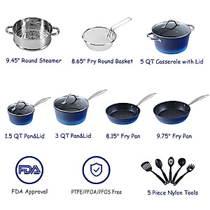 Kitchen Academy Pots and Pans Set Non Stick - 15 Pieces Blue Hammered Cookware Set, Granite Nonstick Coating Induction Compatible for All Stove PFOA&PFOS Free