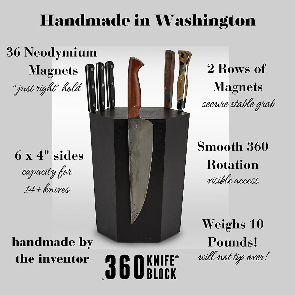 The 360KB ™ (Black) magnetic rotating knife block - handmade in Washington - shortest member of the 360 Knife Block ® family