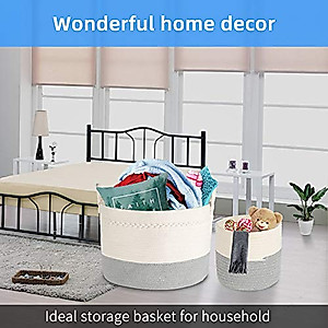 Clubasket 2 Pcs Cotton Rope Basket Large Woven Storage Basket Blanket Basket Living Room Laundry Basket Hamper Storage Bins Toy Basket for Home (Grey&White 20x13'')