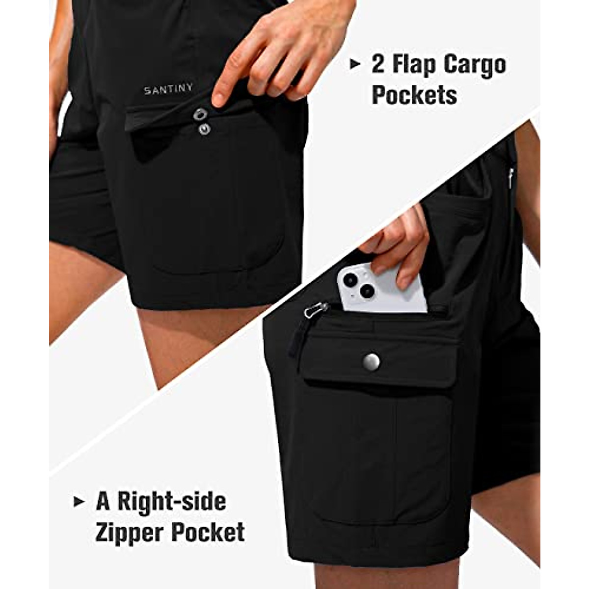 SANTINY Women's Hiking Cargo Shorts with 7 Pockets Lightweight Quick Dry 7 Inch Long Golf Shorts for Women Casual Summer (Black_L)