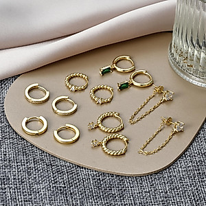 PLOMFOV 14K Gold Silver Hoop Studs Earrings Set for Women Dainty Dangle Hoop Gold Earrings Set for Multiple Piercing Gold Tone