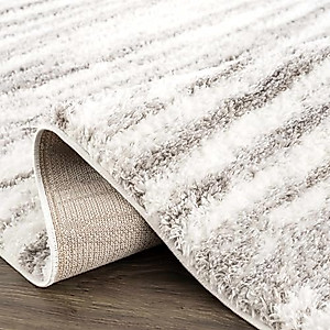 Hauteloom Mette Living Room, Bedroom Shaggy Area Rug - Bohemian Modern Striped Farmhouse Shag - Fluffy Soft Touch High Pile - Gray, White, Vizon - 6'7" x 9'