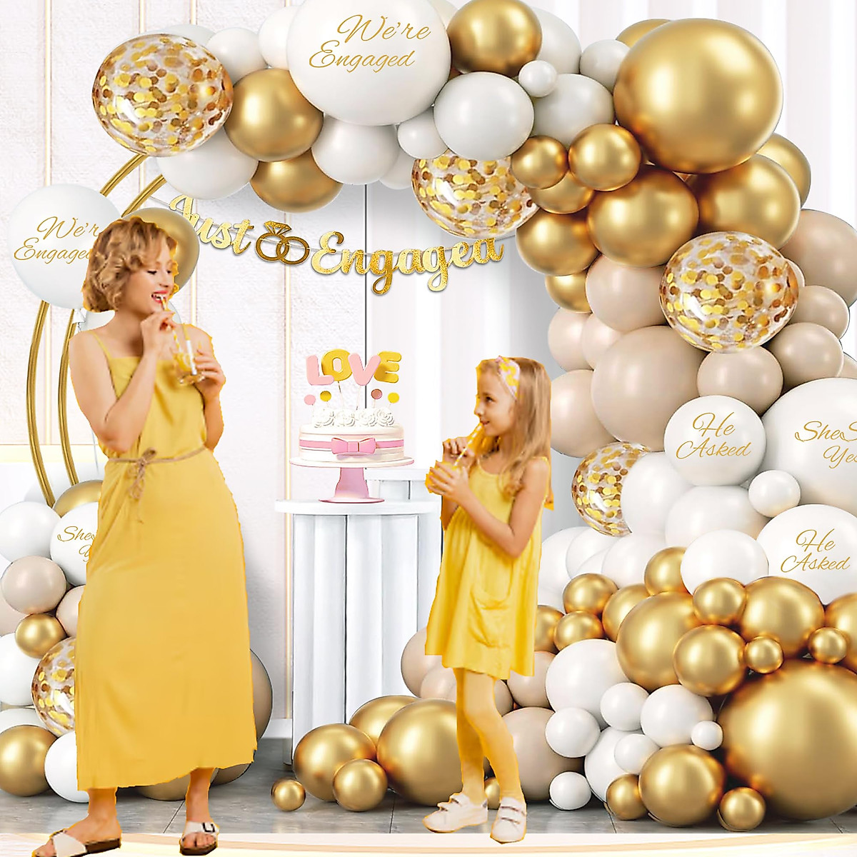 132 PCS Engagement Balloons Garland Arch Kit Balloon White Sand Gold Confetti Balloons Garland for Bridal Shower Engagement Wedding Party Decoration