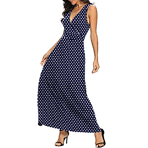 LILBETTER Women Sleeveless Deep V Neck Loose Plain Long Maxi Casual Dress(F Navy Blue Polka Dot,Large)