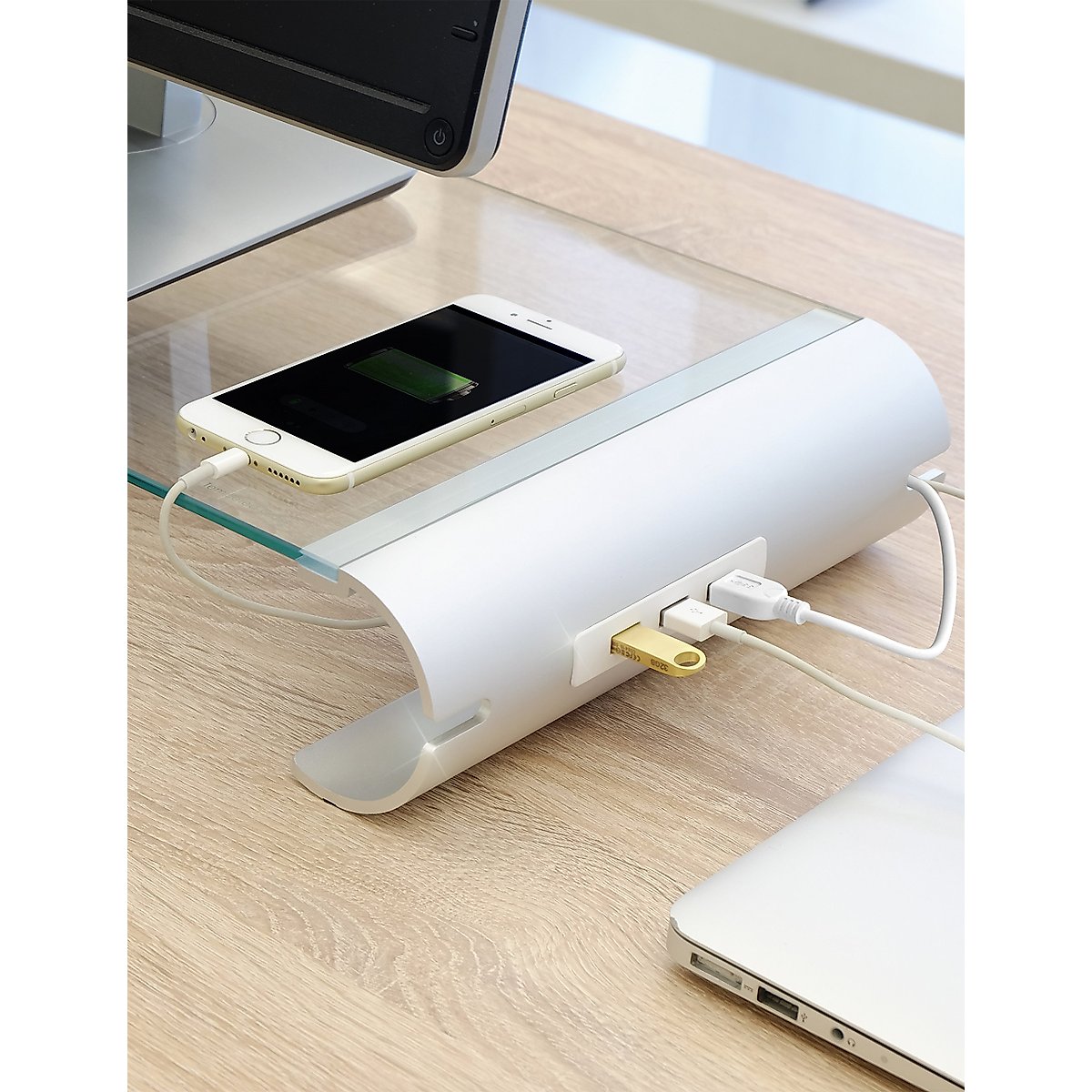 j5create Monitor Stand with 3-port USB 3.0 HUB JUT325 | Aluminium Legs and Clear Tempered Glass Monitor Riser | Compatible with iMac/Windows/Chrome/Linux Laptop, Macbook