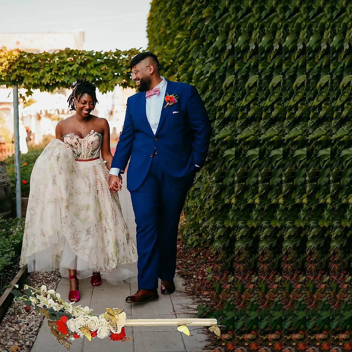 Wedding Brooms for Jumping Ceremony, Extended 35 x 11.8 in DIY Whisk Broom, Jumping The Broom for Wedding, Decorative Broom with 3D Butterflies/Name Stickers/Artificial Roses/Eucalyptus Leaves