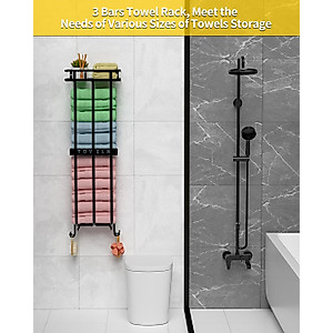 Towel Racks with Metal Storage Shelves Shelf for Rolled Towels, 3 Bar Towel Storage for Bathroom Wall Mounted, Towel Organizer for Folded Large Towel Washcloths, Bath Towel Holder Shelf with 4 Hooks