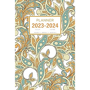 Planner July 2023-2024 June: 6x9 Medium Notebook Organizer with Hourly Time Slots | Creative Ethnic Flower Design White