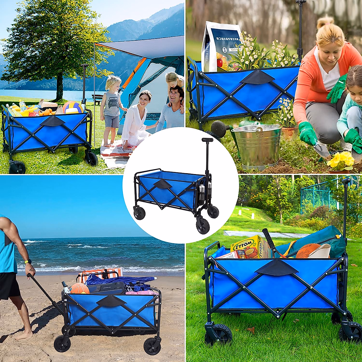 HHXRISE Collapsible Folding Wagon, Beach Cart with Wheels Foldable, Utility Heavy Duty Wagon with Portable, Large Capacity, Adjustable Handle, Side Pockets for Camping, Shopping, Garden, Picnic - Blue