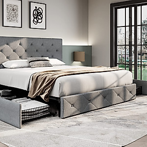 Allewie Upholstered Queen Size Platform Bed Frame with 4 Storage Drawers and Headboard, Diamond Stitched Button Tufted Mattress Foundation with Wooden Slats Support, Light Grey