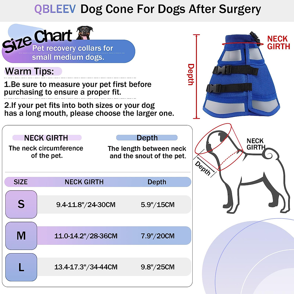 QBLEEV Soft Dog Cone Collar, Dog Cone Alternative Breathable Dog Cone for Dogs After Surgery Adjustable Pet Dog Cones for Meidum Dogs Lightweight Dog Recovery Collars Elizabethan Collar Neck Cone M