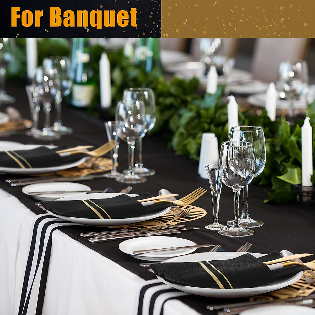 Roshtia 50 Pack Dinner Napkins Disposable Linen Feel Dinner Napkins with Built-in Flatware Pocket Gold Trim Lined Pre Folded Paper for Wedding Party (Black,Gold)