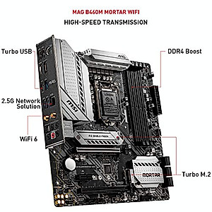 MSI MAG B460M Mortar WiFi Gaming Motherboard (mATX, 10th Gen Intel Core, LGA 1200 Socket, DDR4, CFX, Dual M.2 Slots, USB 3.2 Gen 1, 2.5G LAN, DP/HDMI, Wi-Fi 6 Pre-Certified)